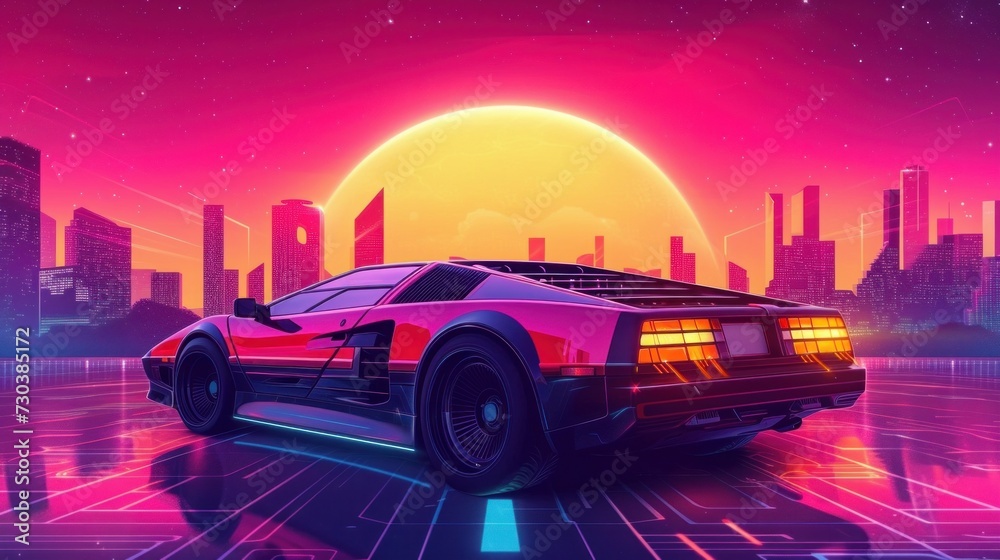 Retro future: A 1980s-style sci-fi background featuring a supercar ...