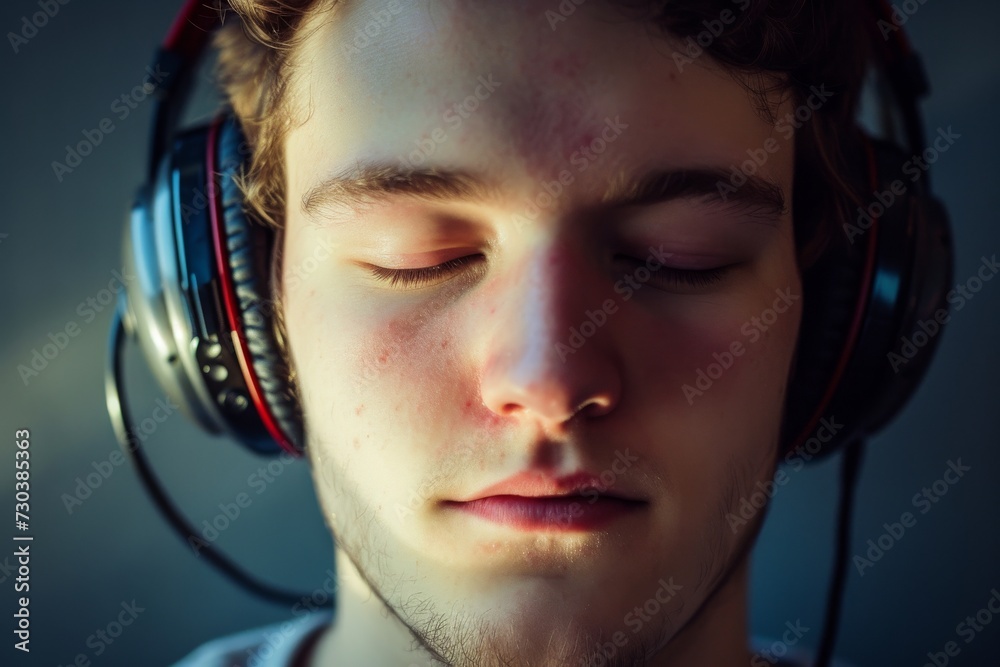 A serene man in deep focus, lost in the world of music as his closed ...
