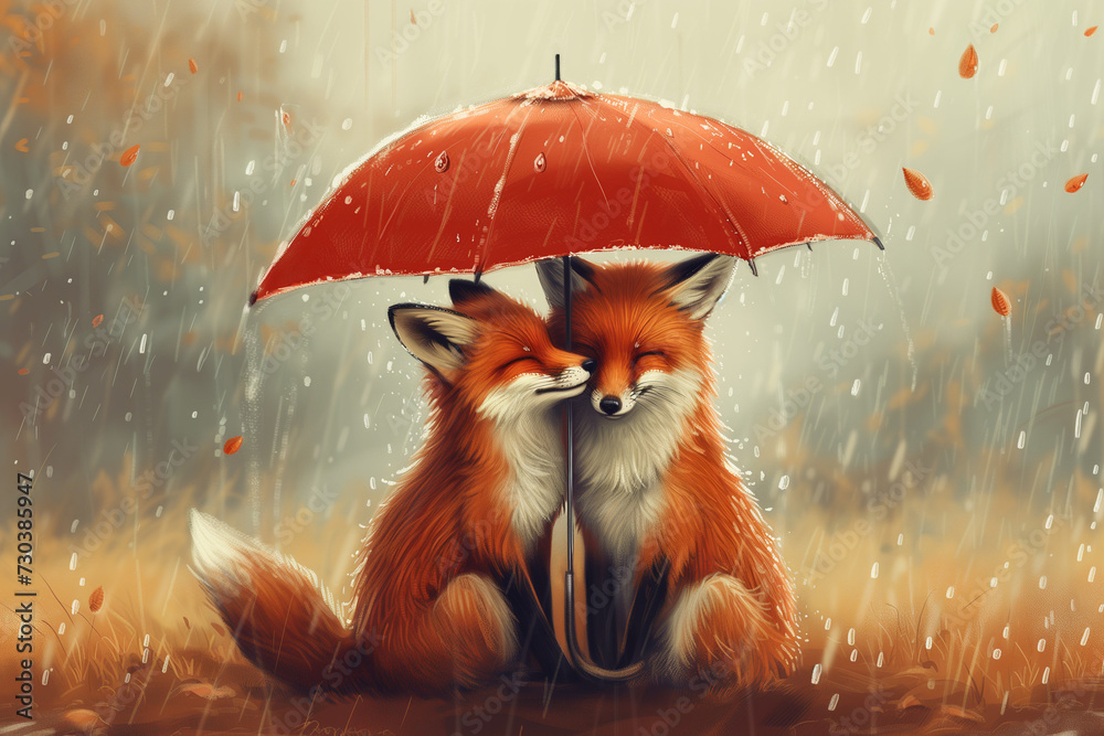 A painted two foxes sitting outside under a red umbrella, it's raining ...