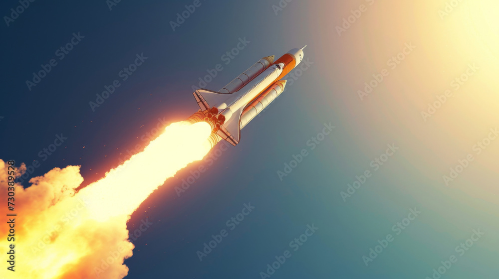 A powerful spacecraft breaks through the sky, propelled by rocket-like ...