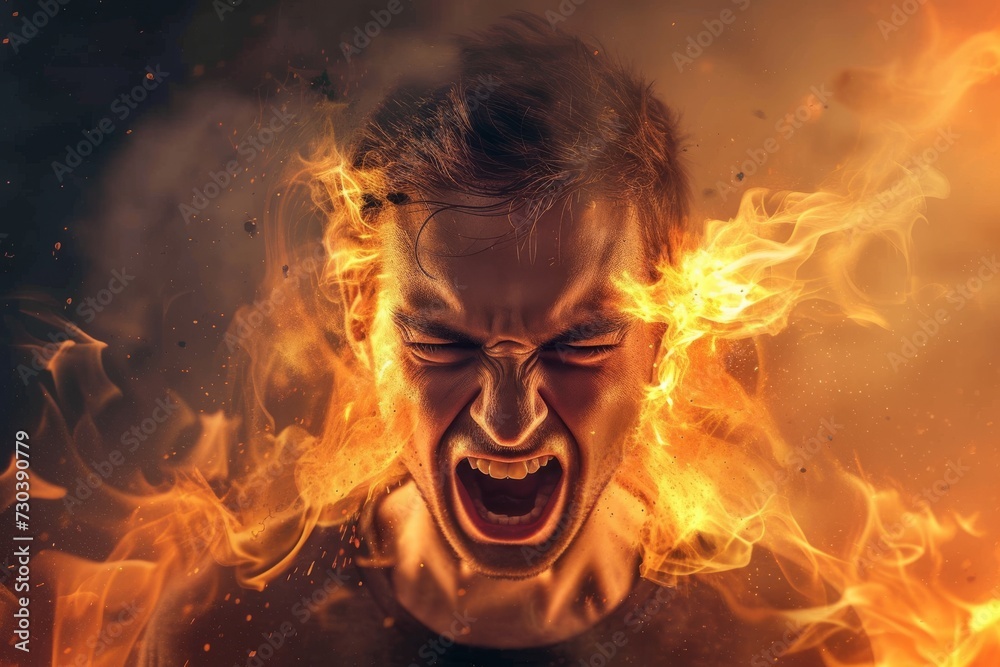 A fiery inferno engulfs a man's anguished face, as smoke swirls around ...
