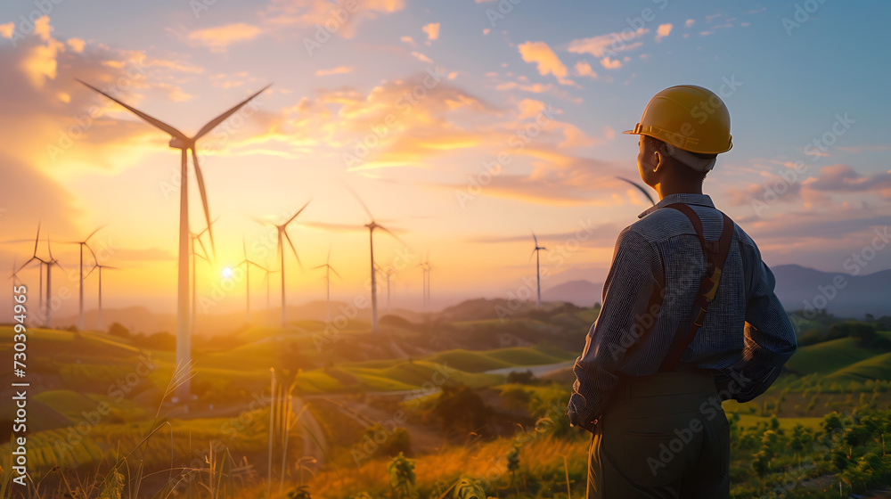 Rear view of chief engineer analyzing renewable energy from farm in ...