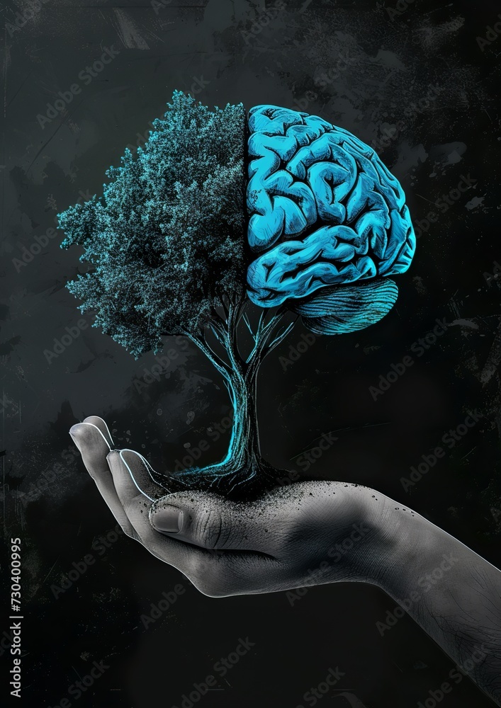 the monochromatic illustration shows a human hand holding a tree with a ...