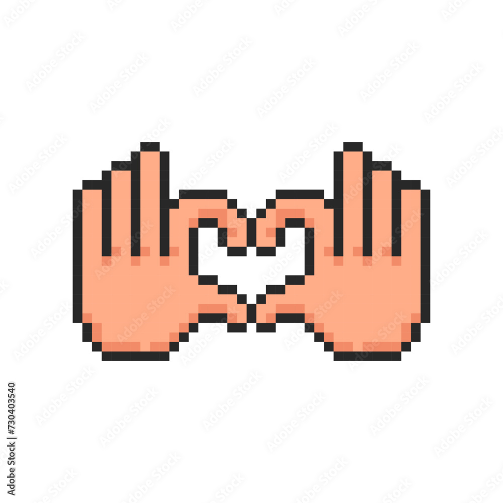Pixel hand, hand gesture in the form heart symbol, two hands joined in ...
