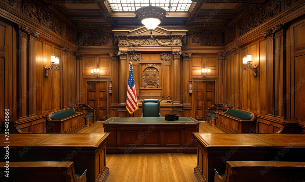 Elegant and traditional wooden courtroom interior with judge's bench ...