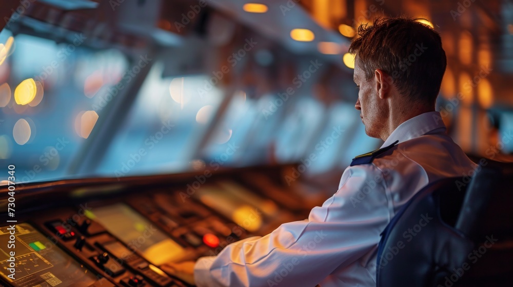 Deck officer with binoculars on navigational bridge. Seaman on board of ...
