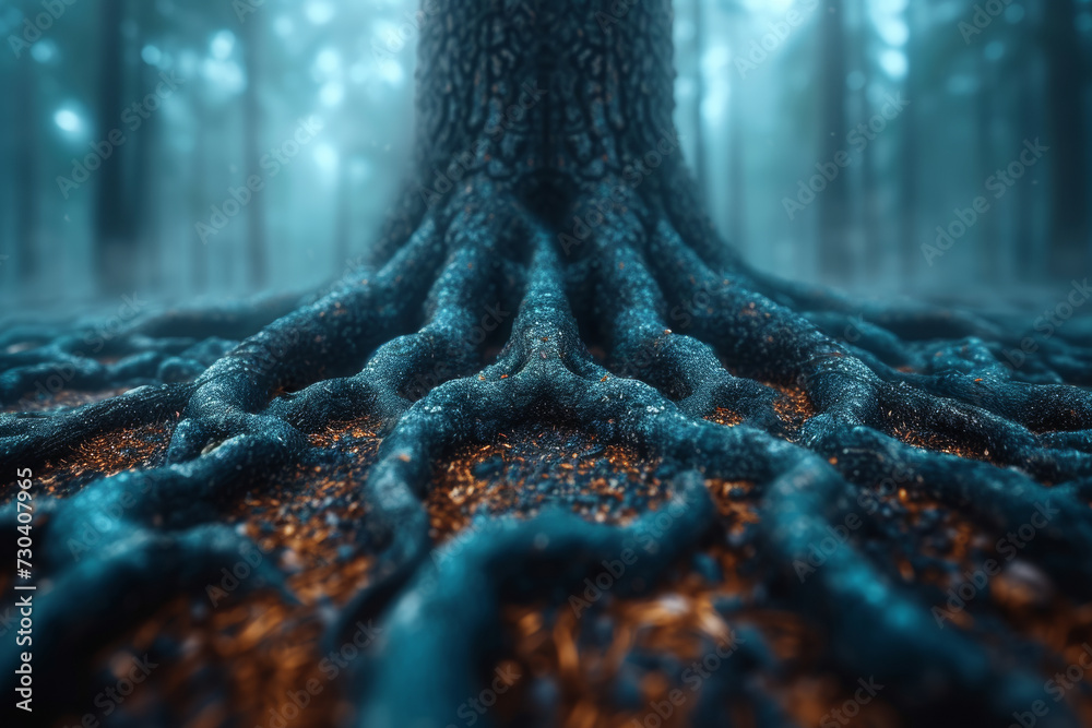 A network of interconnected roots in a dense forest, symbolizing the ...