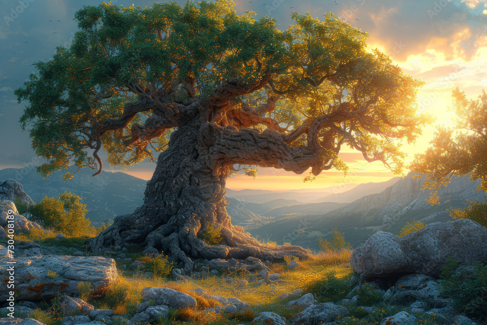 An ancient, gnarled tree standing as a testament to the passage of time ...