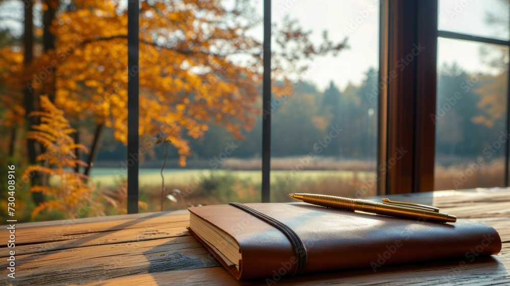 minimalist leather notebook and gold pen rest on an oak desk, next to a ...