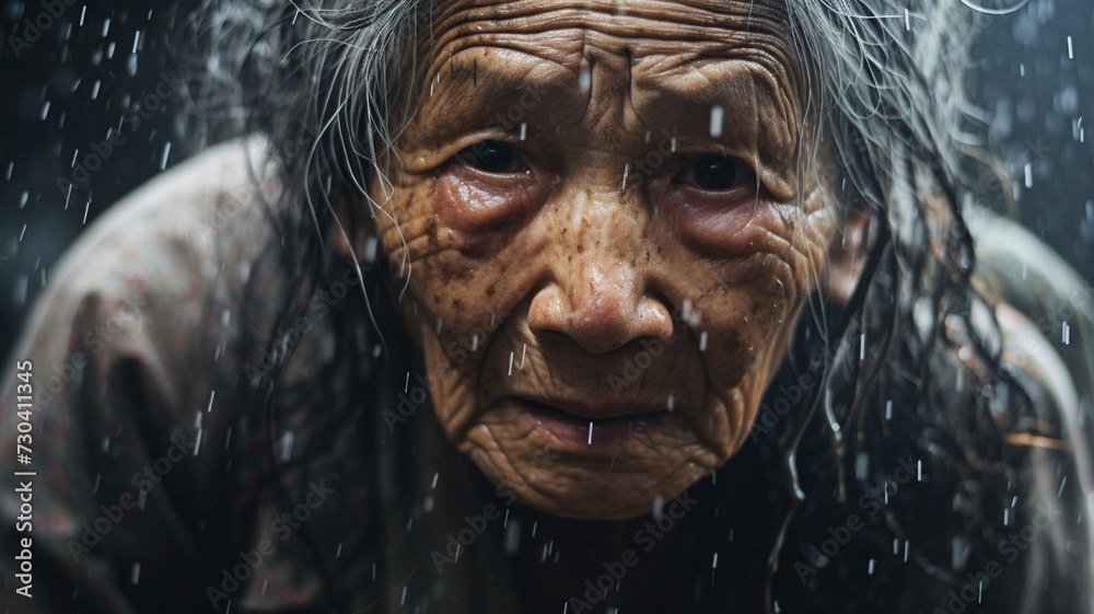 雨に濡れるアジア人高齢女性 Stock Photo | Adobe Stock