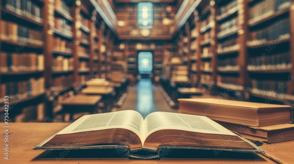 Education learning concept with opening book or textbook in old library ...