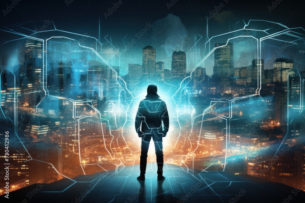 Vigilant digital guardian standing guard over a network, symbolizing ...