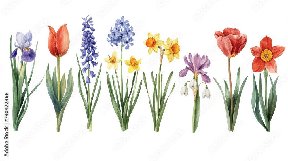 Set of vintage watercolor spring flowers growing in the garden ...