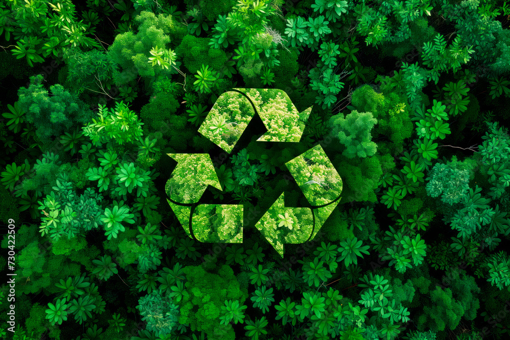 Green recycling symbol overlapping a lush forest canopy to represent ...