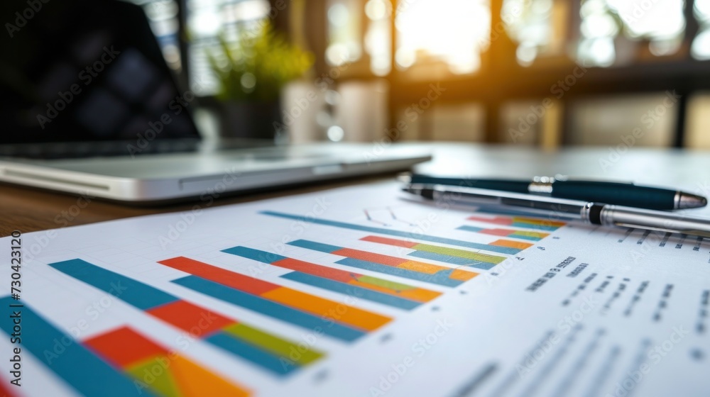 A spread of various financial charts and graphs laid out on a table ...