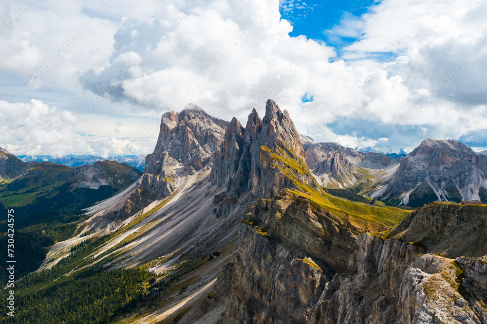 Observation point on slope overlooking bare peak of Seceda mountain in ...