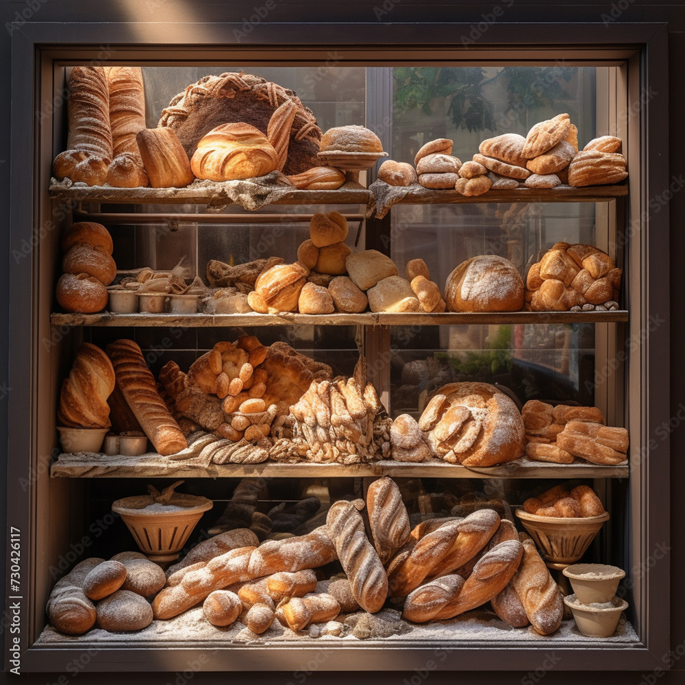 Bakery shop window and display. Various types of bread Stock Photo ...