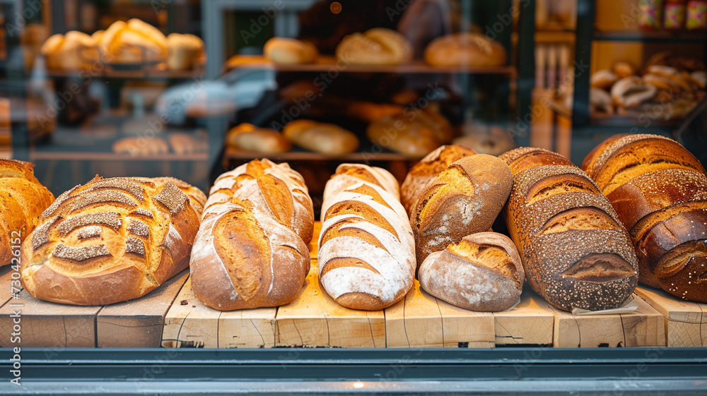 Bakery shop window and display. Various types of bread Stock Photo ...
