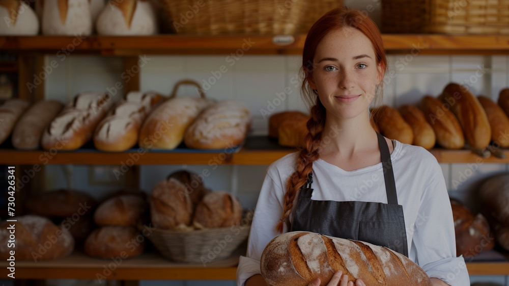 Local baker standing in her shop in front of shelves full of bread ...