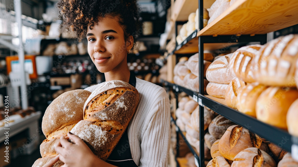 Local baker standing in her shop in front of shelves full of bread ...