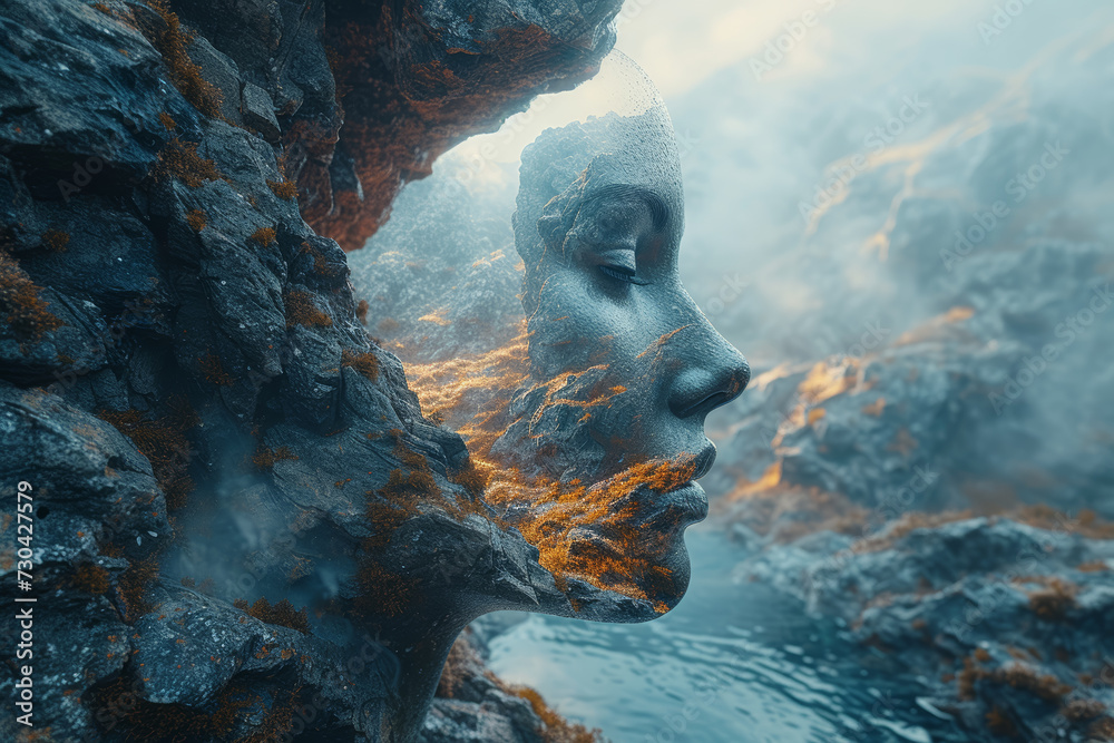 A surrealistic depiction of a person's head transforming into a surreal ...