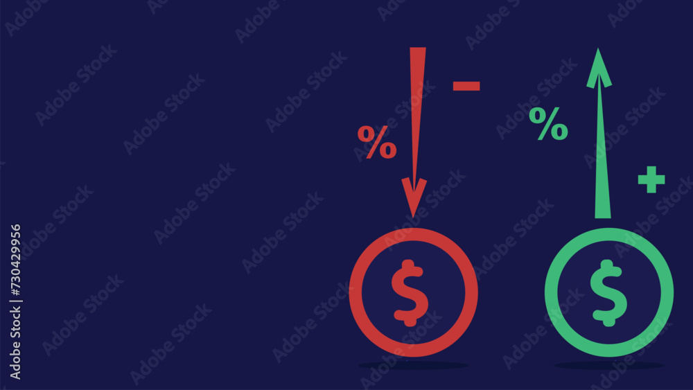 Financial rise and fall concept vector banner design with dollar sign coin icons , red green ...