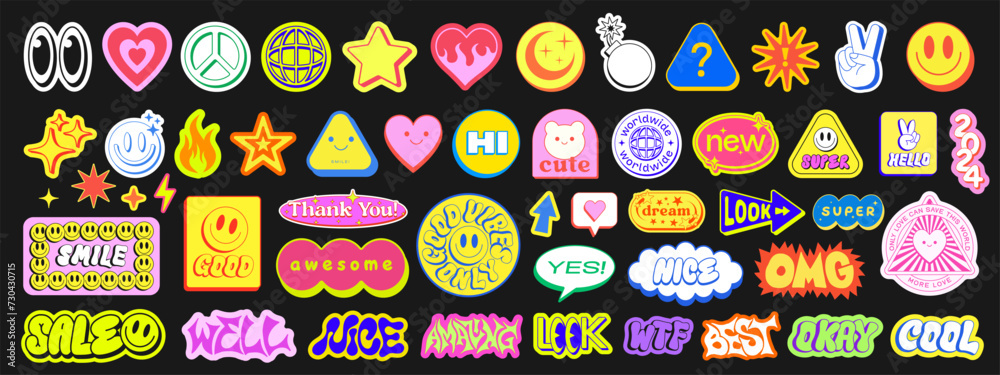 Set Of Cool Y2k Stickers Vector Design. Collection Of Pop Art Patches ...