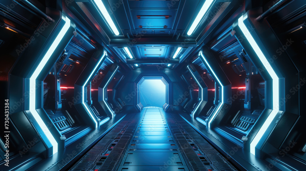 Futuristic corridor in spaceship, interior of starship or space station ...