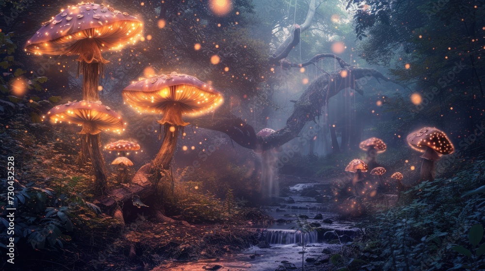 An ethereal scene of an enchanted forest illuminated by the soft glow ...