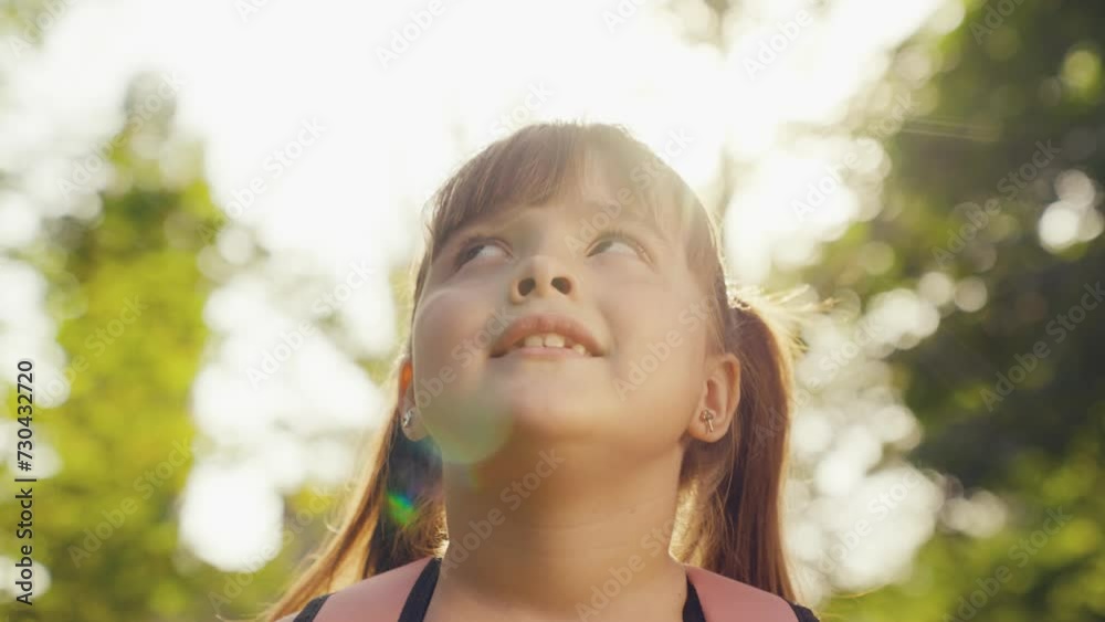 face little daughter child girl rays sunlight park, portrait smiling ...