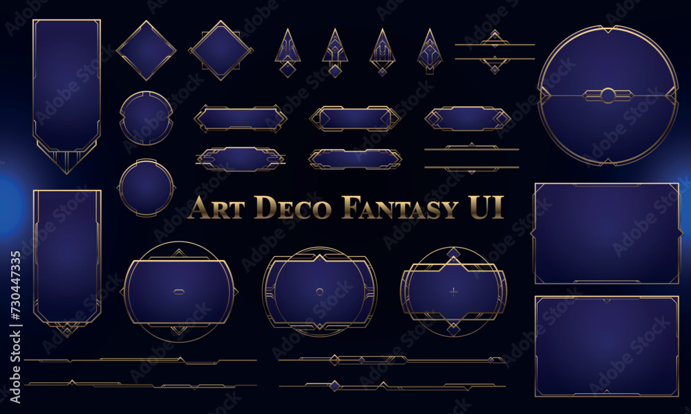 Set of Art Deco Modern User Interface Elements. Fantasy magic HUD with rewards. Template for rpg ...