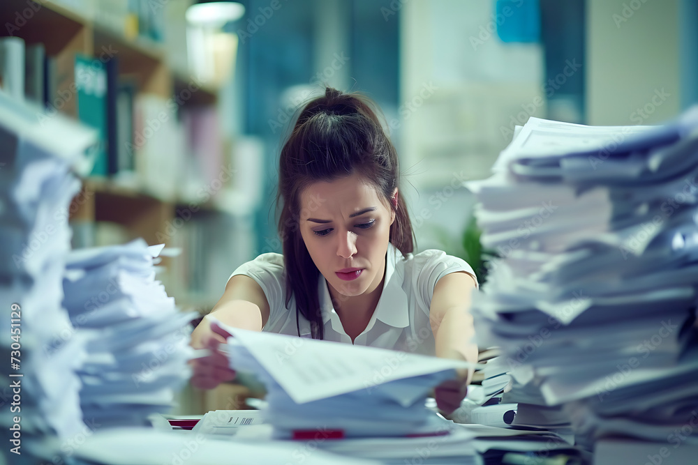 Persona con estrés rodeado de papeles en oficina Stock Photo | Adobe Stock
