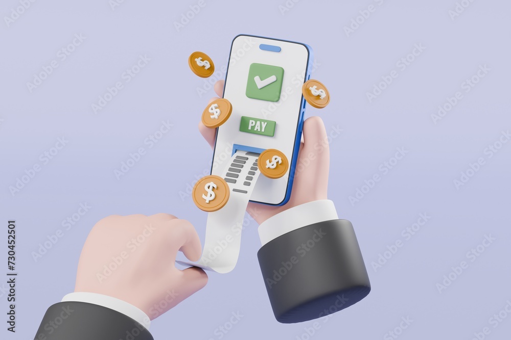 3d pay money with mobile phone banking e billing and coin float icon. Easy bill payment ...