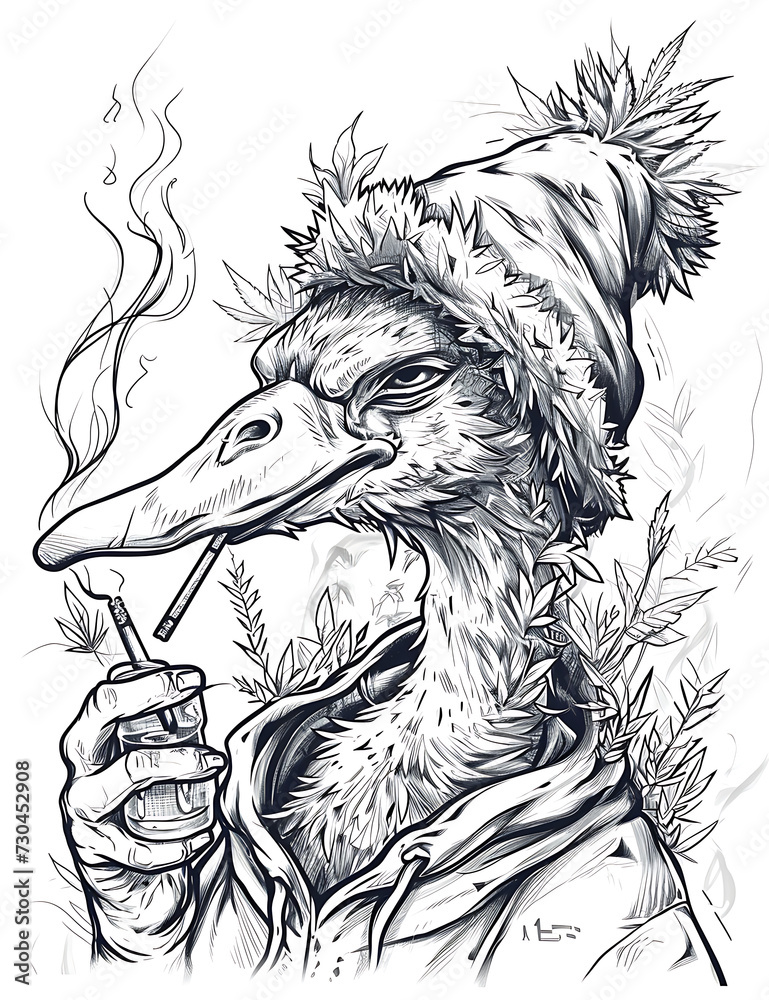 Un dibujo a blanco y negro de un pato fumando con fondo blanco Stock ...