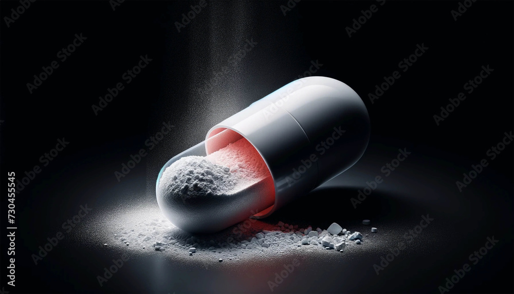A highly detailed horizontal image of a capsule-type medical tablet ...