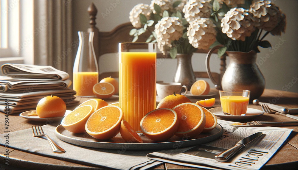 An elegant breakfast table setting with a plate of sliced oranges and a ...