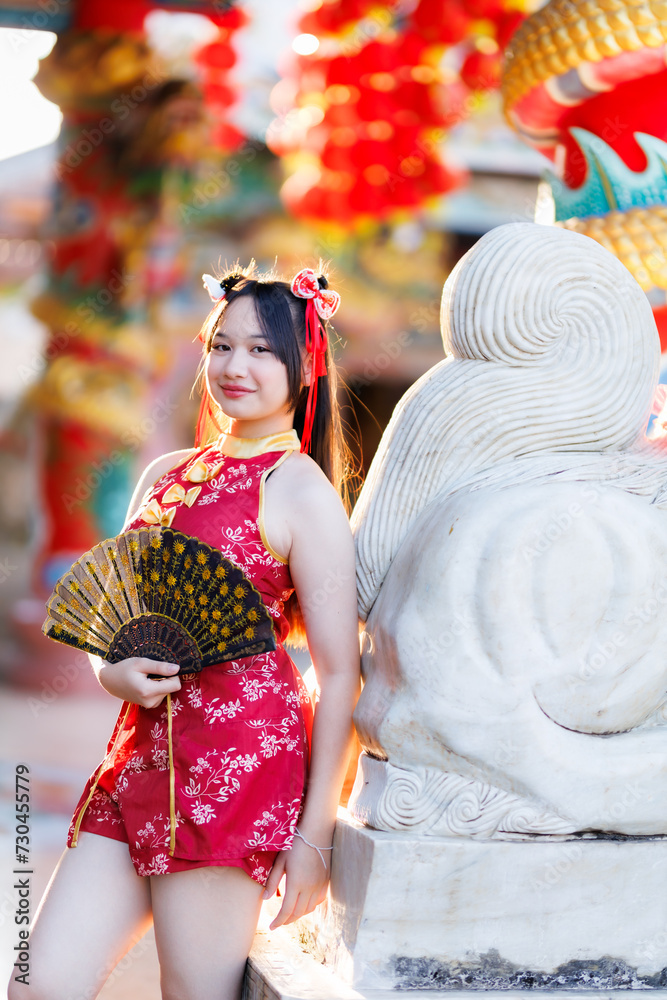 Portrait beautiful cute smiles Asian young woman wearing red ...