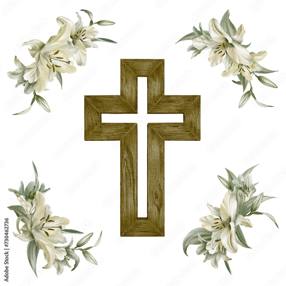 Wooden Christian cross with white lily flower compositions. The hand ...