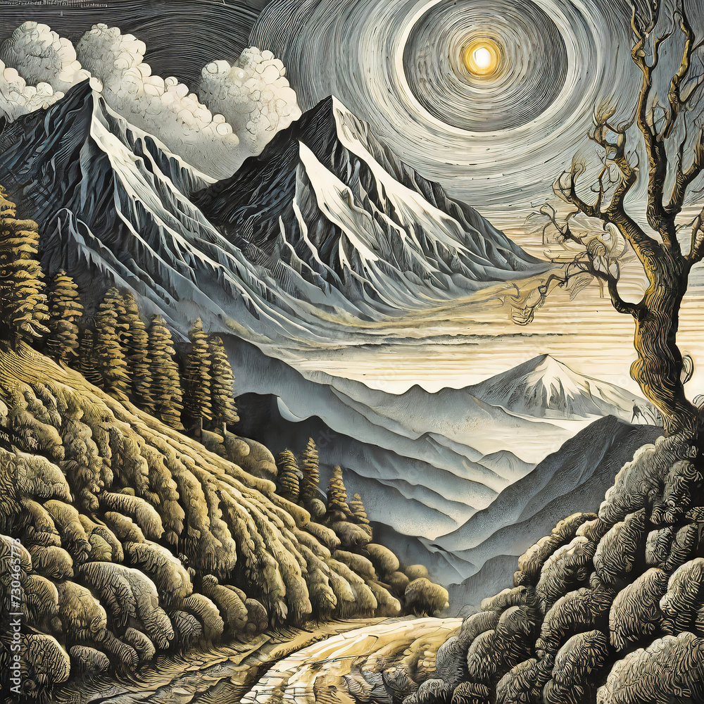 Dramatic landscape painting of a pathway with rocky mountains, trees ...