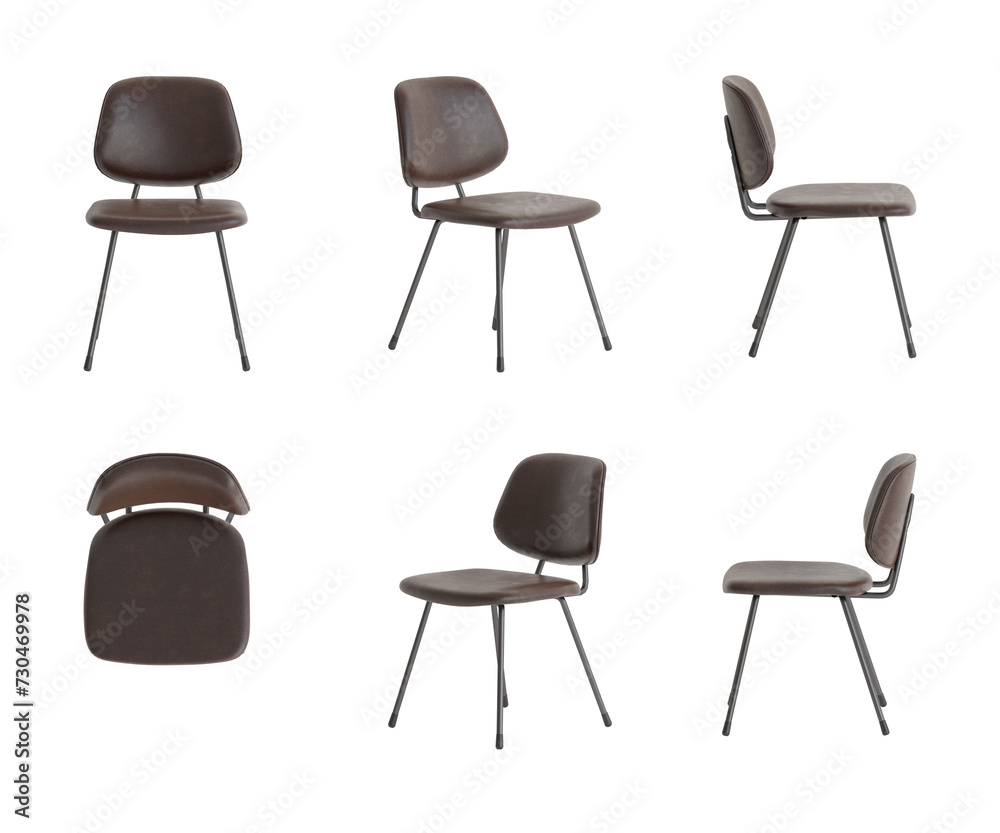 Set of six views of a modern chair with a dark brown leather seat and ...