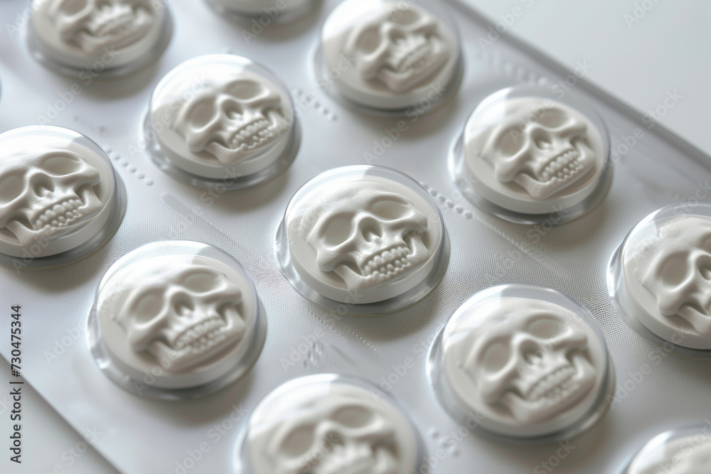 Skull shaped pills in blister pack, deadly tablet, suicide drug ...