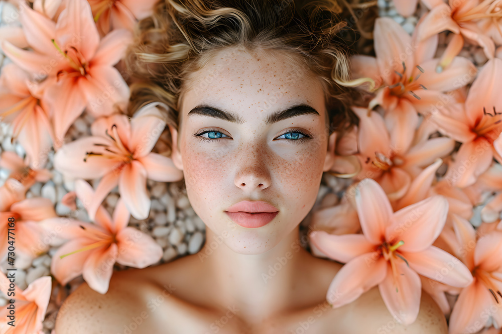 Beautiful woman lying in flowers. Fantasy girl portrait. Skincare and ...