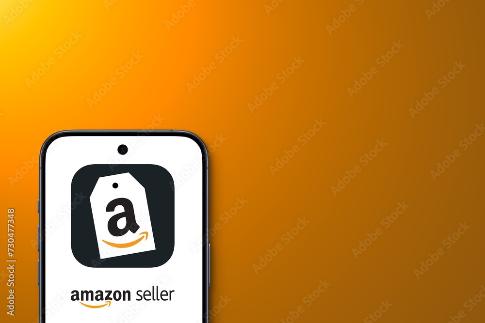 Amazon Seller App Logo is shown on a modern smartphone, orange gradient ...