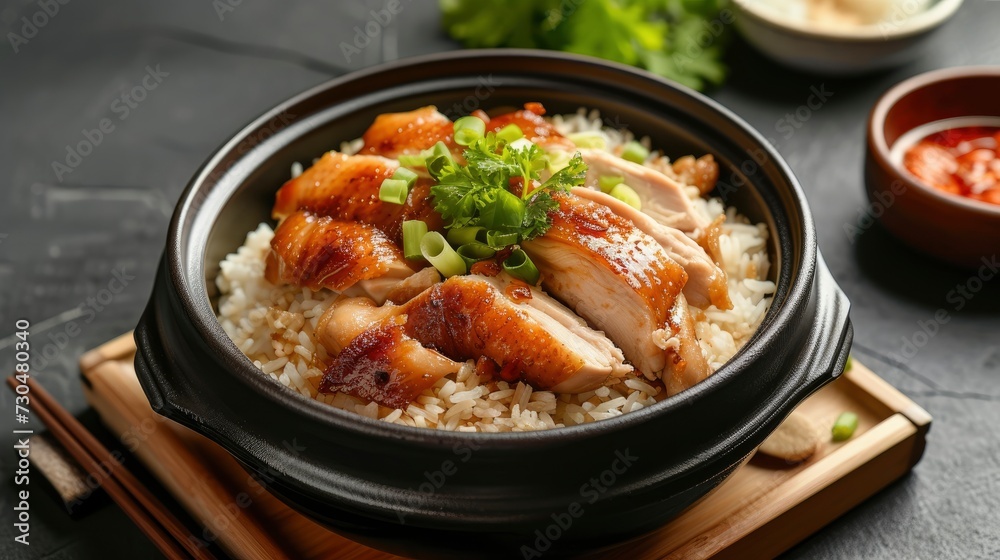 steamed rice with fried chicken or hainanese chicken rice, realistic ...