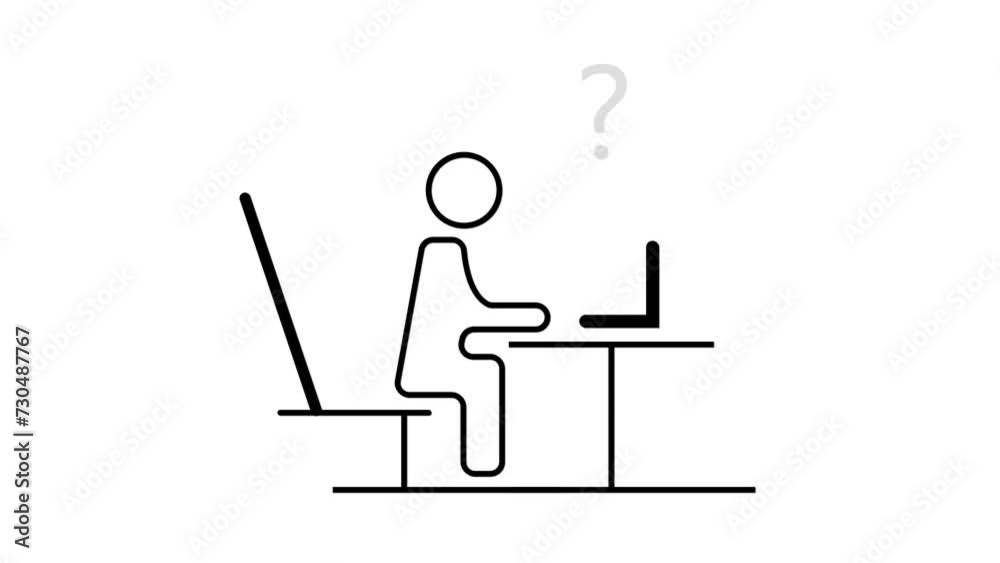 Vidéo Stock Stick figure at a desk with a laptop and a question mark ...