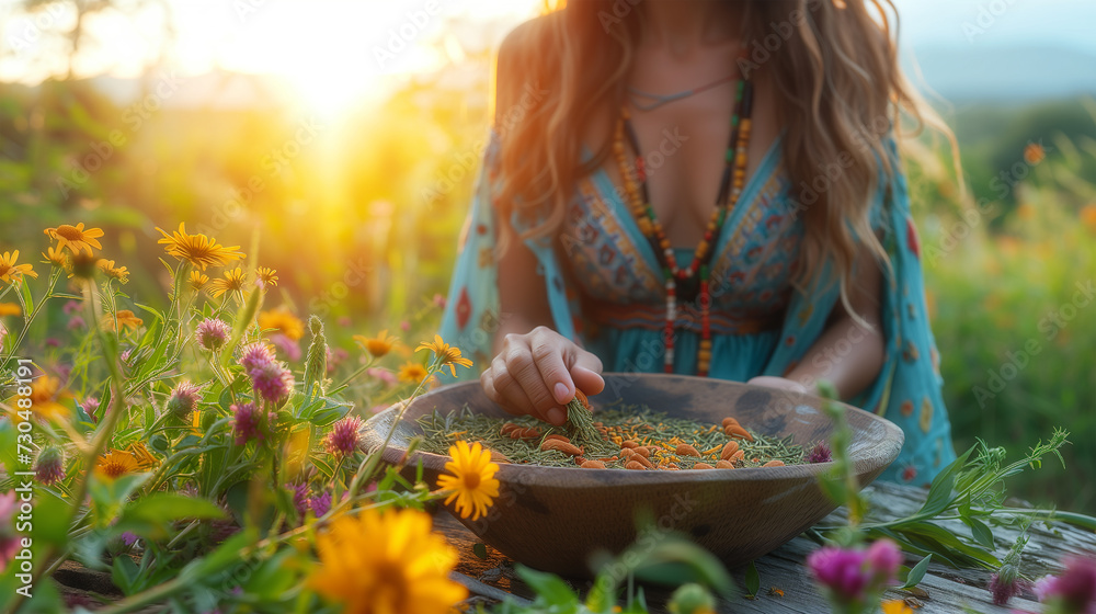 Hands of a spiritual medicine woman preparing medicinal herbs in a bowl; sacred ritual plants ...