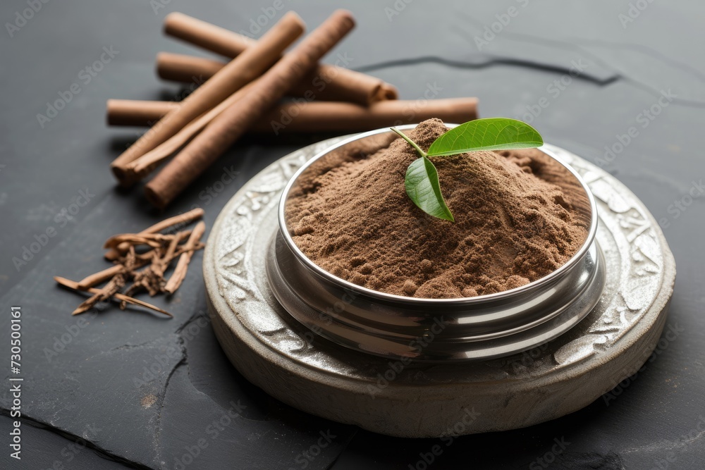 Sandalwood paste in silver bowl with sticks and leaves over circular ...