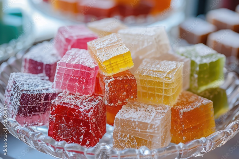 Turkish delights in a clear glass bowl up close gelatin dessert sweet ...