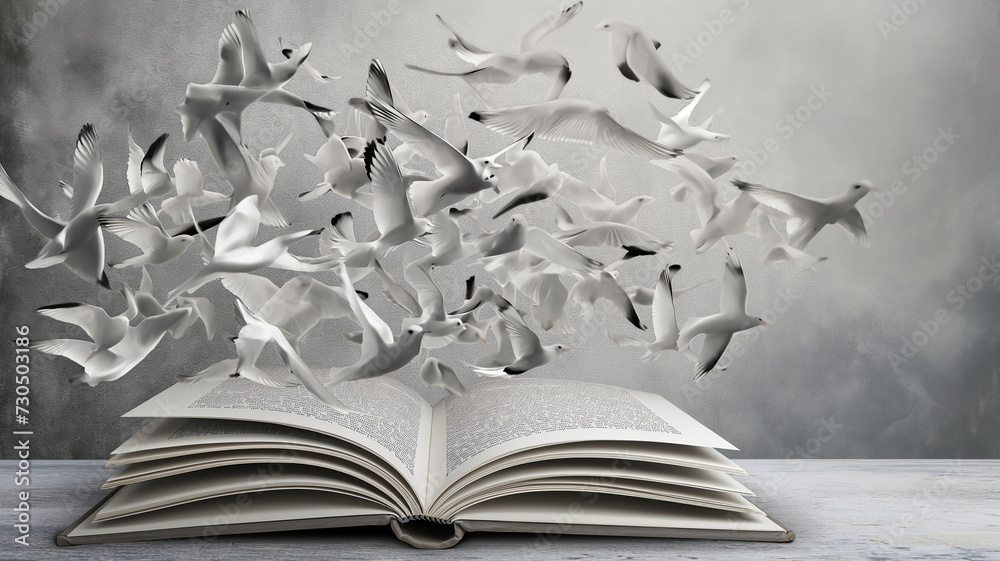 An open book turning into birds, freedom and reading Stock Photo ...