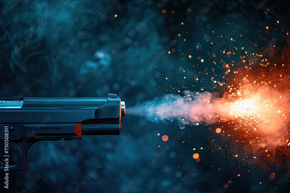 Bright flash and sparks illuminate firearm texture on black background ...